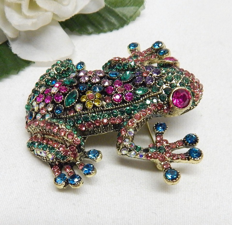 GOLD TONE, MULTICOLOR RHINESTONE FROG BROOCH | eBay