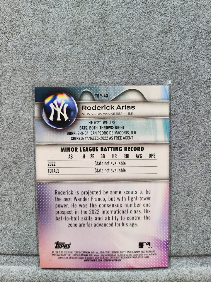 2023 Bowman Platinum Top Prospects #TOP-43 Roderick Arias New York ...
