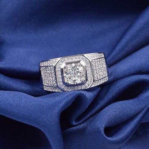 Mens 14k White Gold Plated Band Heavy Ring 2 TCW Natural Moissanite | eBay