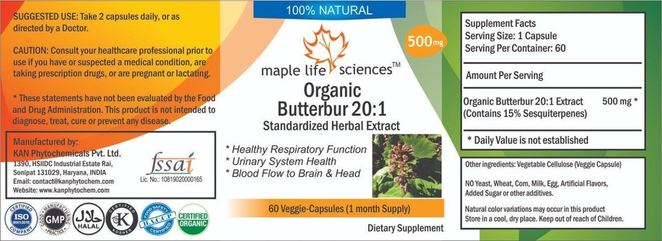 ORGANIC Butterbur 20:1 Extract Capsules Petasites Japonicus Petasin ...
