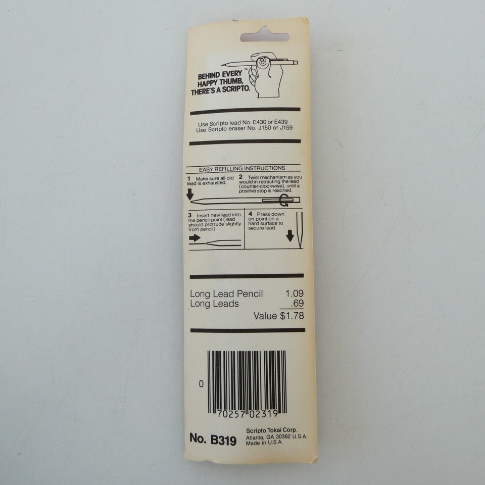 Vtg Scripto Long Lead Pencil & Lead Pack B319 NOS Red Clear 1980s New ...