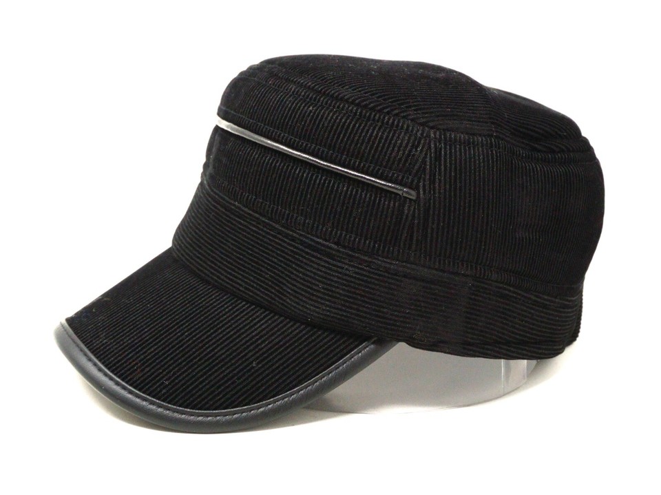 Men's Black Winter Cadet Cap Flat Hat Fleece Lined with Foldable Ear ...
