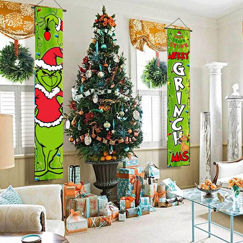 Grinch Christmas Door Cover Decoration Grinch Green Merry Christmas ...