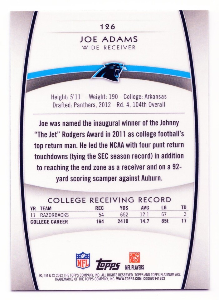 2012 Topps Platinum Joe Adams #126 Rookie RC Carolina Panthers | eBay