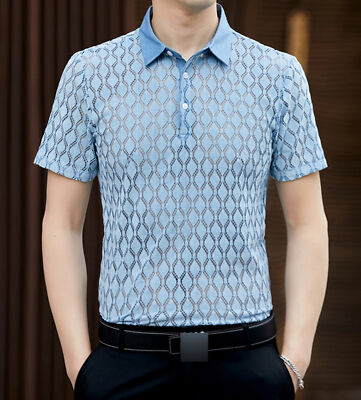 Men See Through Sheer Sexy Lace Up Short Sleeve Polos Shirts Summer Tee ...