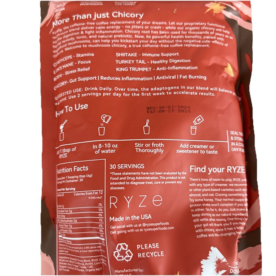 RYZE Mushroom Chicory Caffeine-Free Coffee W/ 1 RYZE Spoon-New date | eBay