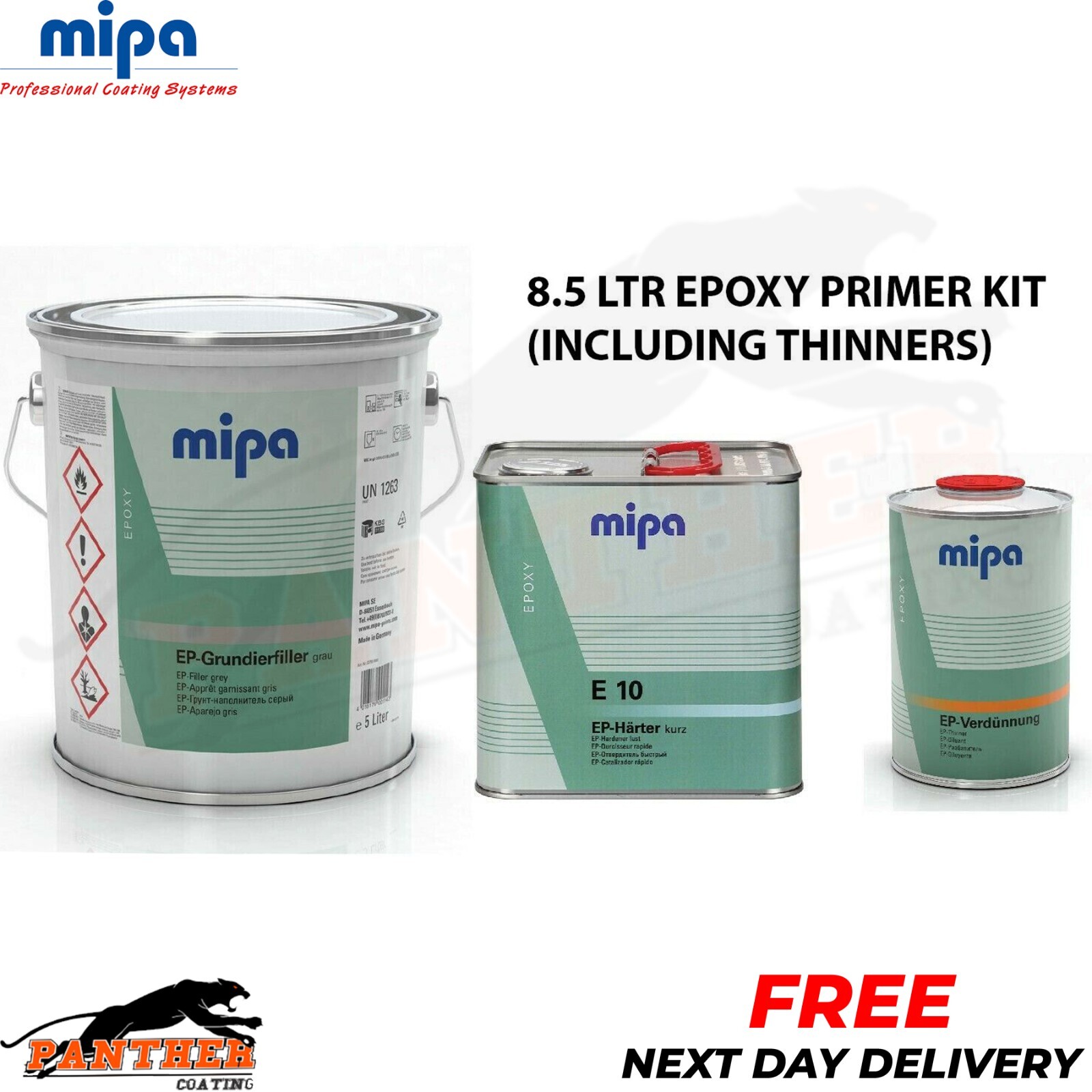 MIPA EP Grundier filler EPOXY PRIMER 2k 5L HARDENER E10 & THINNER 8.5L ...