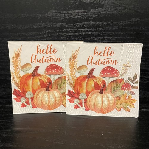 2 Individual Paper Decoupage Napkins Hello Autumn Pumpkin Mushrooms ...