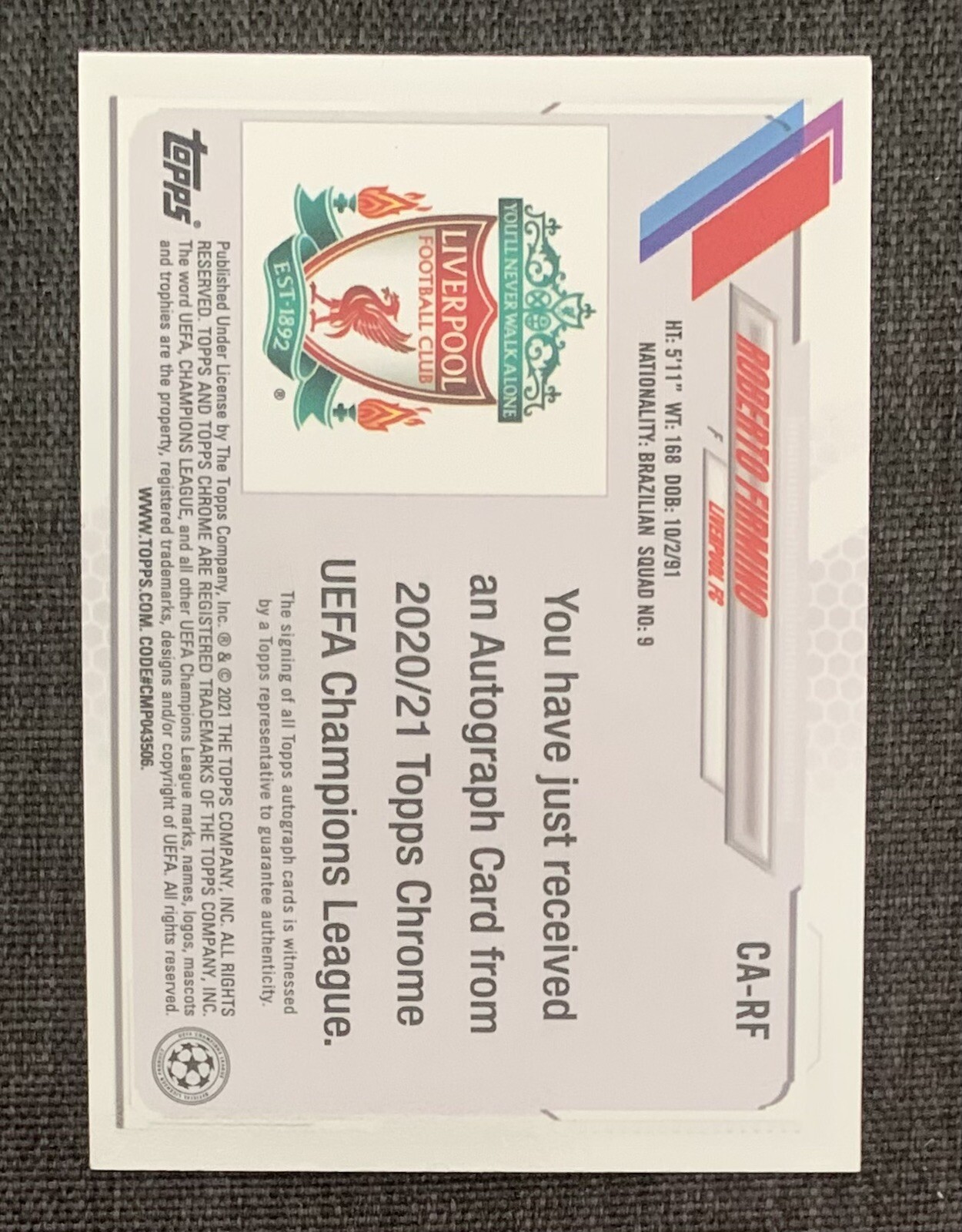 2020-21 Topps Chrome UCL - Chrome Autographs #CA-RF Roberto Firmino (AU ...