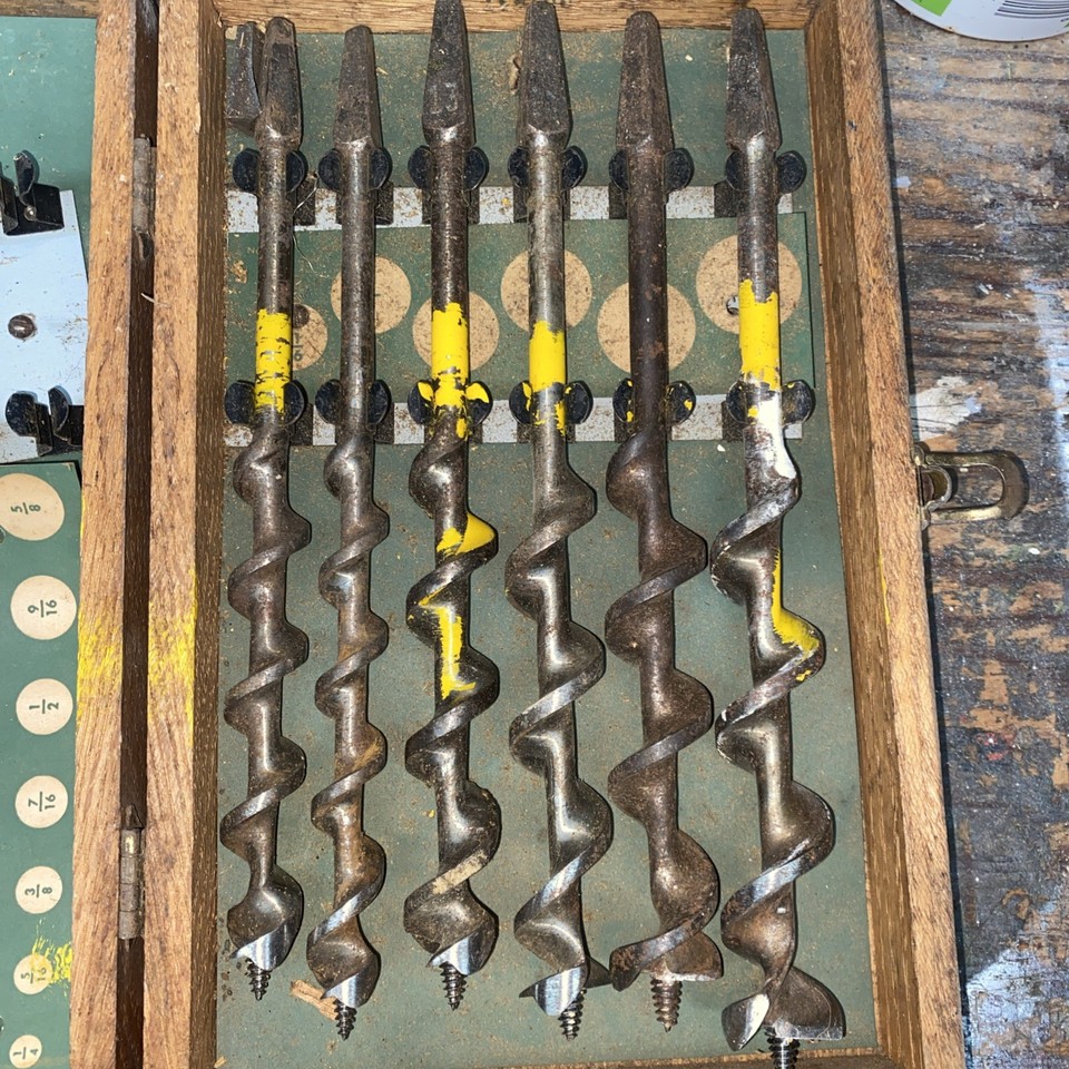 Irwin Auger Bit Set with original Wooden Box Vintage Sizes 4 5 7 10 11 ...