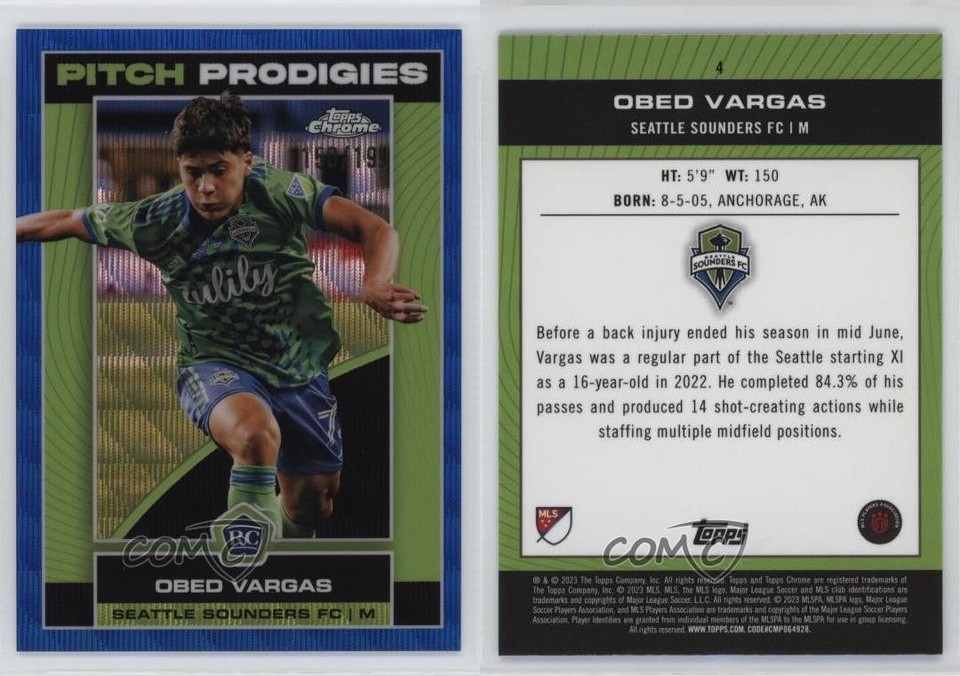 2023 Chrome MLS Pitch Prodigies Blue Wave Refractor Obed Vargas Rookie ...