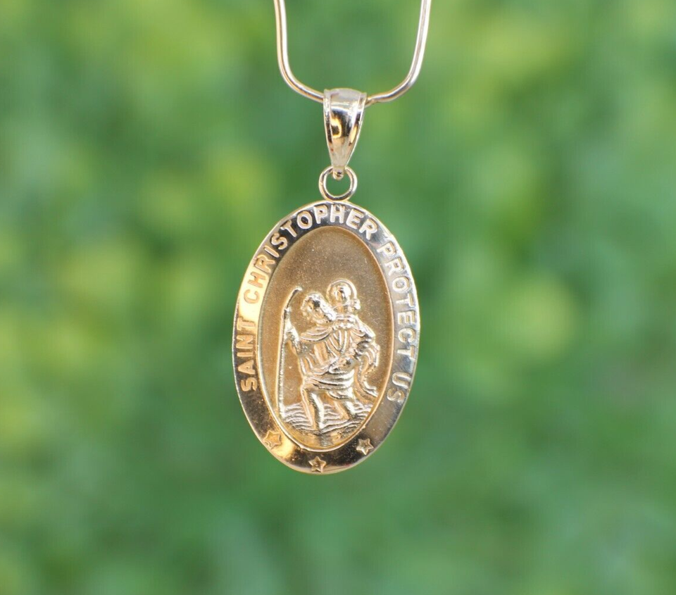 14K Yellow Gold Saint Christopher Protect Us Prayer Pendant Charm Medal ...