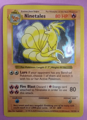 Pokémon TCG Ninetales 12/102 Base Set Shadowless Unlimited Holo Rare MP ...