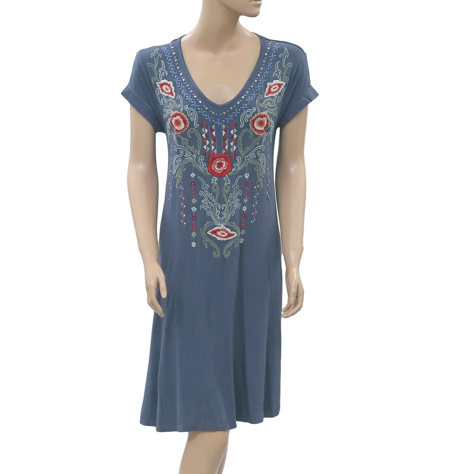 Caite Anthropologie Floral Embroidered Dress Short Sleeve Gray Boho S ...