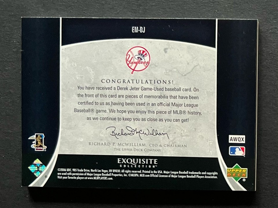 2006 Exquisite Derek Jeter Triple Game Used 3 Color Jersey Patch Jersey ...