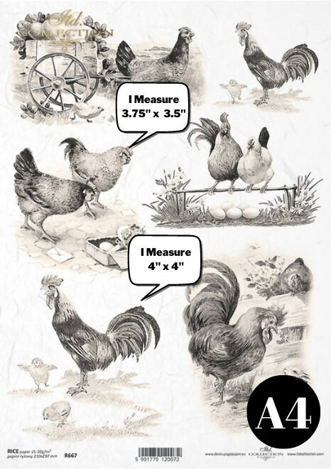 Vintage Chickens | A4 Rice Paper | ITD Collection | Paper for Decoupage ...