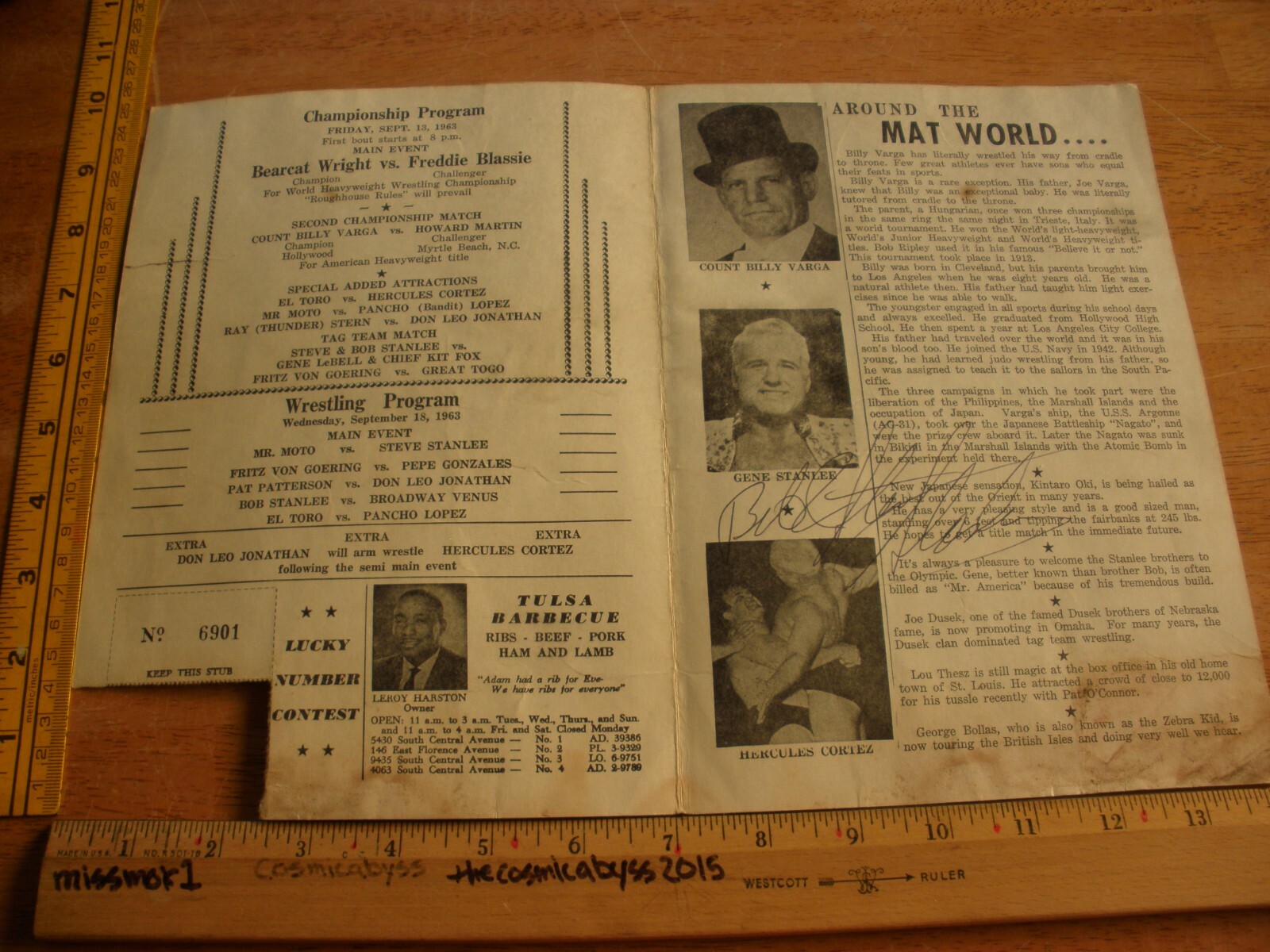 Freddie Blassie vs Bearcat Wright Professional Wrestling 1963 program ...