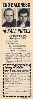 1974 PRINT AD ~ TONY RICH HAIR RESEARCH CLINIC, TOUPEE, TRANSPLANT ...