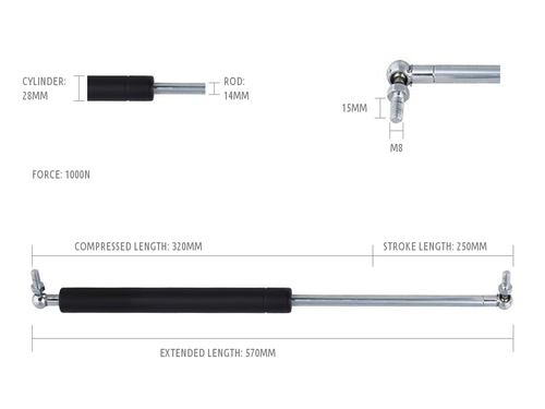 1 X Pair Universal Gas Struts 1000N 570mm Extended Length 14mm/28mm Rod ...