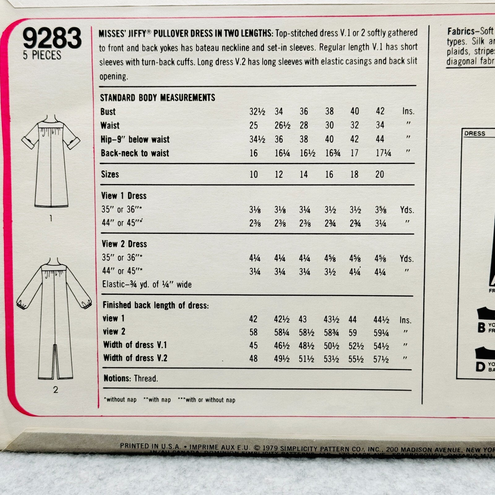 Simplicity 9283 Plus Size Shift Dress Pullover Misses Sz 18 20 Sewing ...
