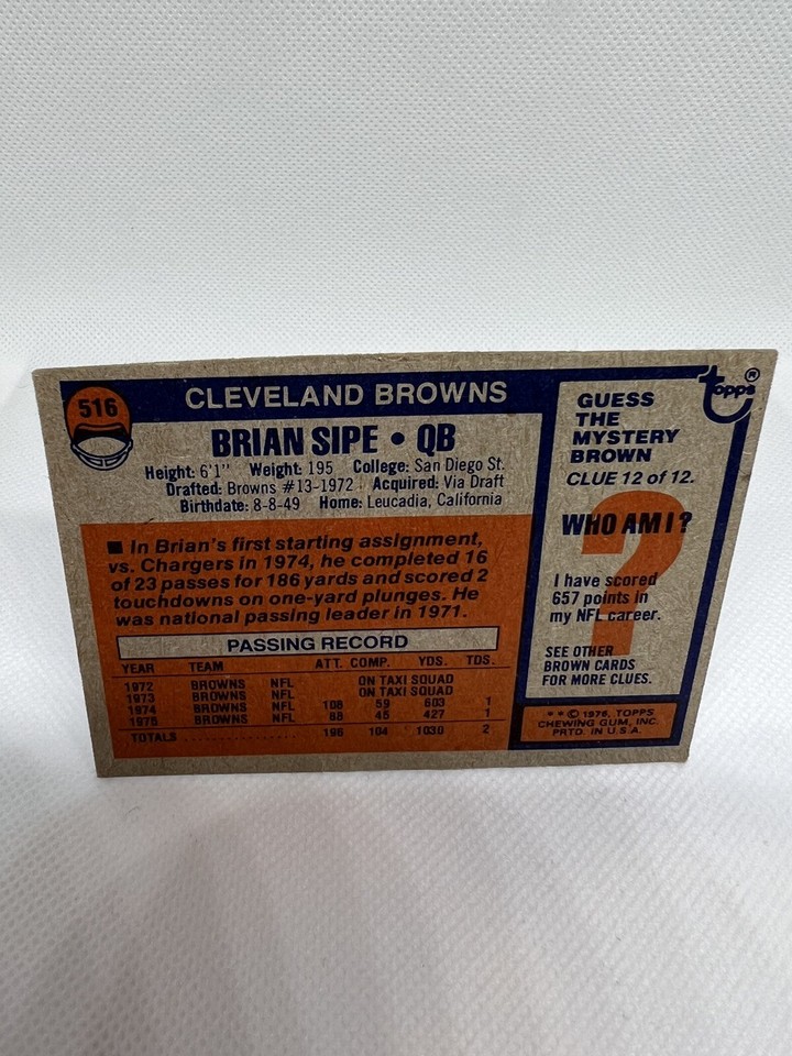 1976 Topps Brian Sipe Rookie #516 football card Cleveland Browns | eBay