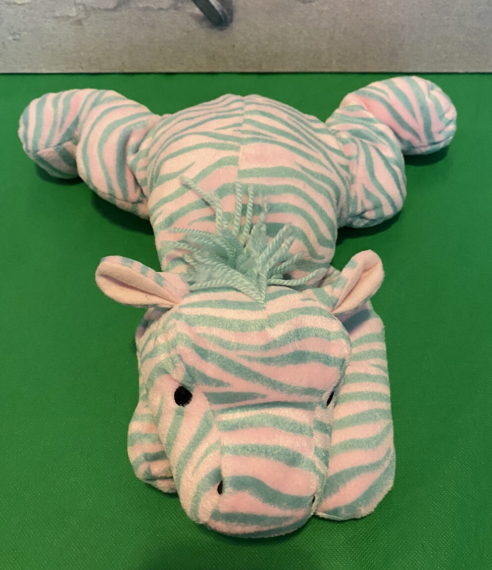 Vtg Ty Beanie Pillow Pal Zulu Zebra Plush Stuffed Animal Pink Green 13 ...