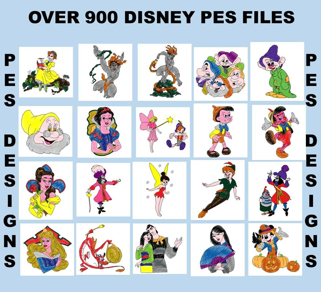 Over 900 Disney PES embroidery files pack on USB designs to embroider ...