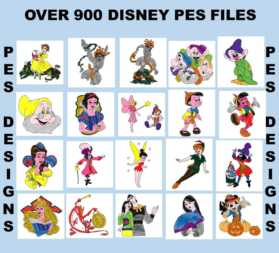 Over 900 Disney PES embroidery files pack on USB designs to embroider ...