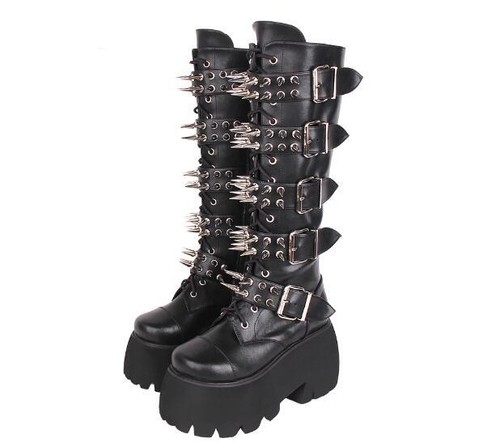 Women Fashion Punk Gothic Lace Up Buckle Strap Rivet Knee Boots Chunky ...