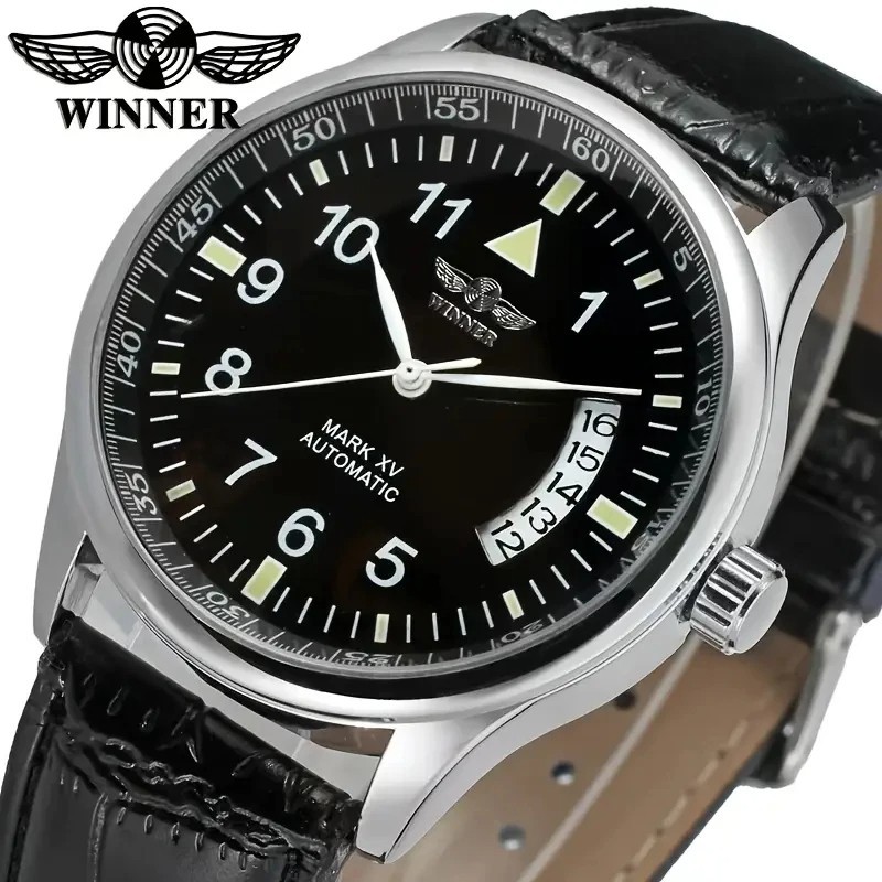 WINNER Automatic Mechanical Mens Watches Selfwind Date Leather Band ...