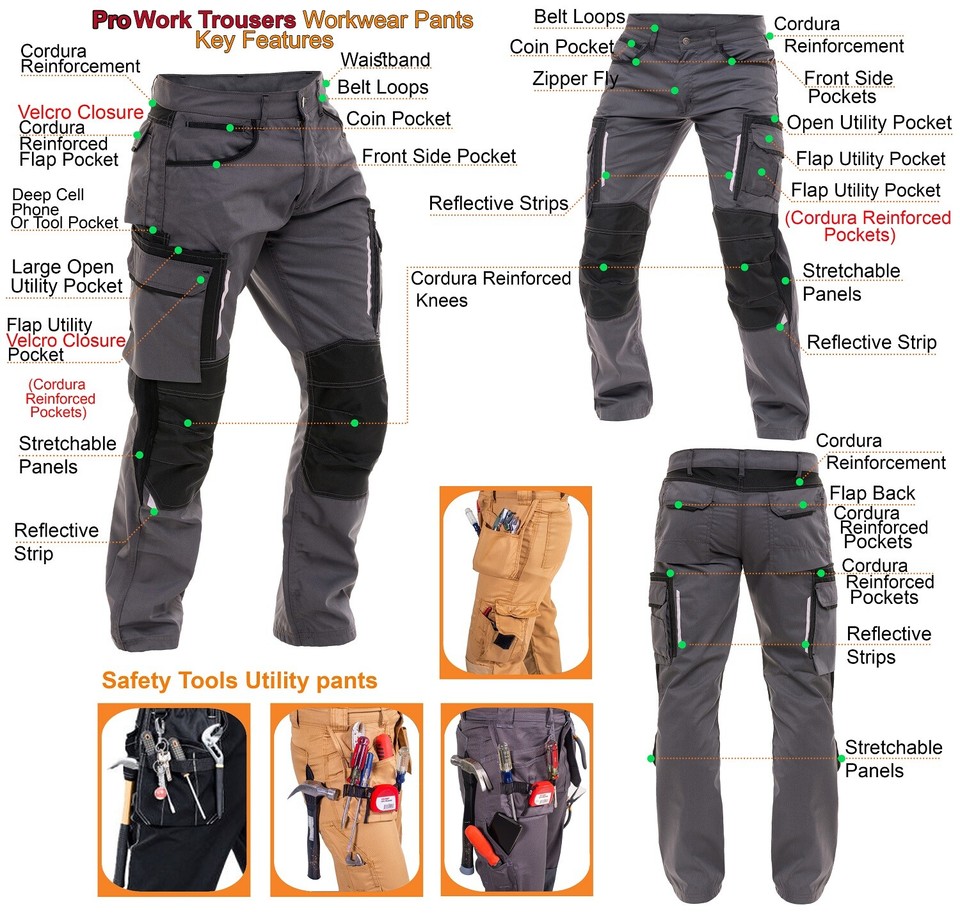 Men’s Heavy Duty Work Trousers Construction Utility & Reinforcement ...