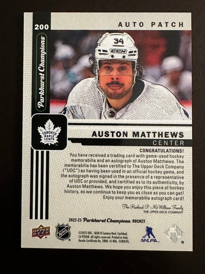 2022-23 Parkhurst Champions Auston Matthews Patch Auto Gold card #200 ...