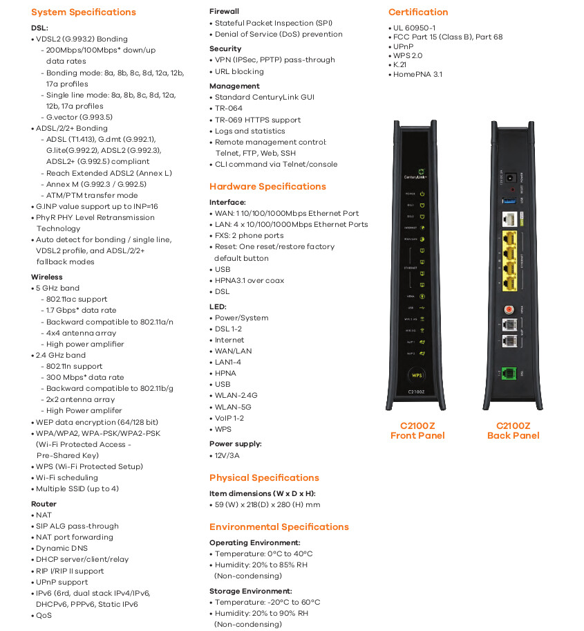 CenturyLink C2100Z ZyXEL Wi Fi Wireless DSL TV Gateway Modem Router ...