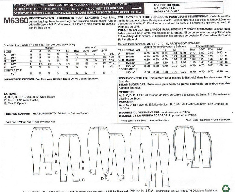 McCalls 6360 Knit Leggings Misses size 6-14 Sewing Pattern | eBay