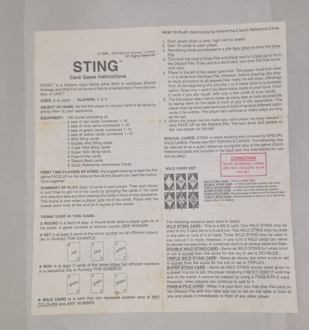 Vintage 1986 Sting Card Game Rummy Gone Wild Retro Gibson Games ...