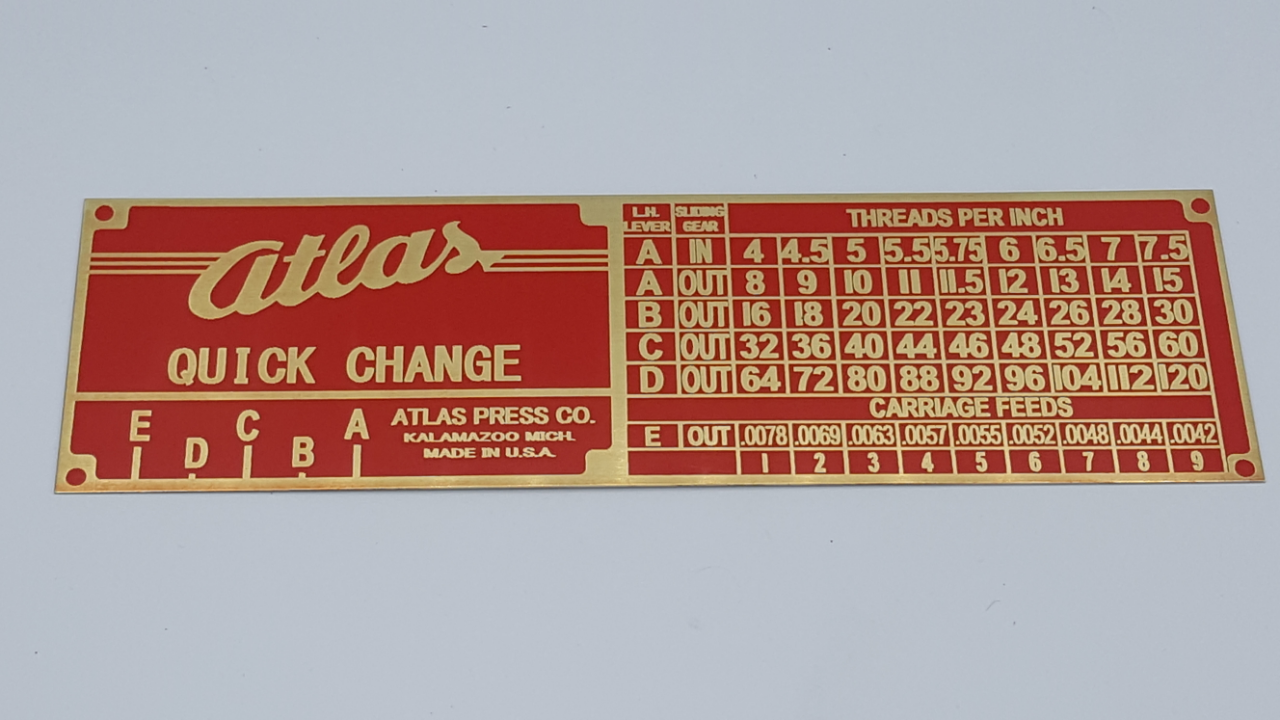 ATLAS 10 INCH LATHE QUICK CHANGE GEARBOX THREAD CHART TAG LABEL | eBay
