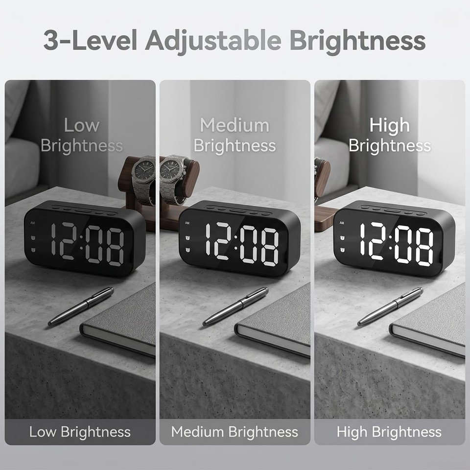 Linlinwill Digital Alarm Clock Bedside, Small LED with Large S, Black ...