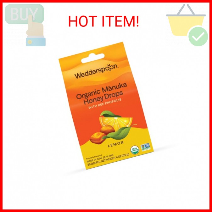 Wedderspoon Organic Manuka Honey Drops, Lemon & Bee Propolis, 20 Count ...