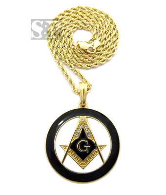 Black Round Masonic Compass Gold PT Freemason Pendant w/ 24" Rope Chain ...
