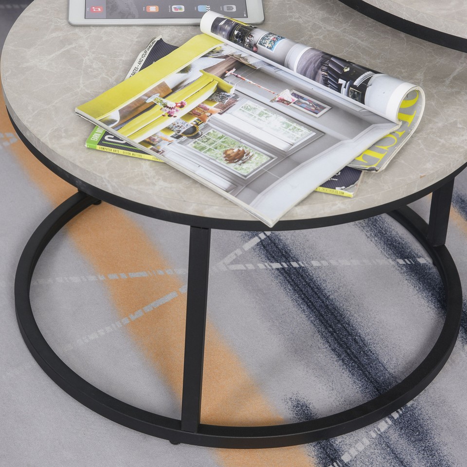 HOMCOM 2 Pcs Stacking Coffee Table Set Steel Frame, Marble Grey ...