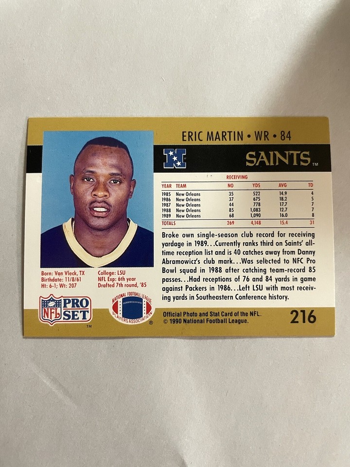 1990 Pro Set #216 Eric Martin Saints | eBay