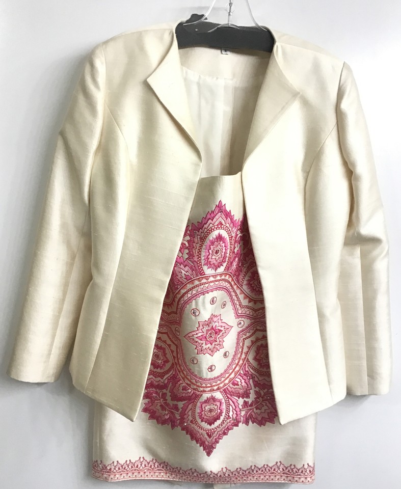 Randolph Duke Skirt Suit Champagne Silk Pink embroider Print Jewel ...