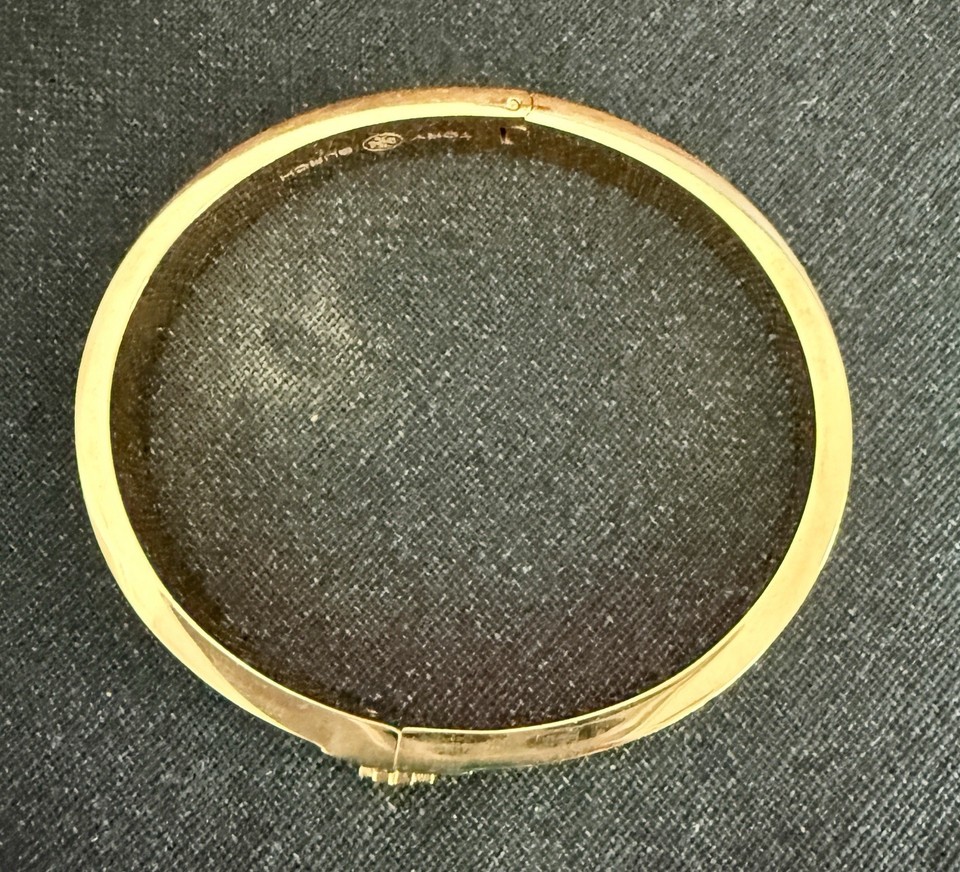 Tory Burch Small Hinged Bangle Bracelet White Signature Logo Gold Tone Brand New | eBay