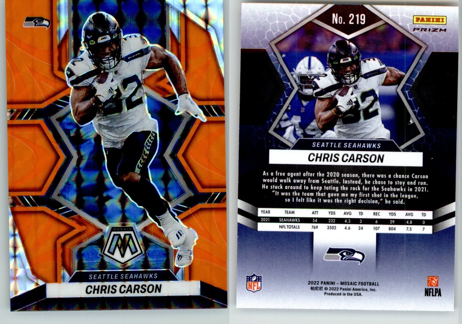 Chris Carson 2022 Panini Mosaic Reactive Orange Prizm #219 Seattle Seahawks | eBay