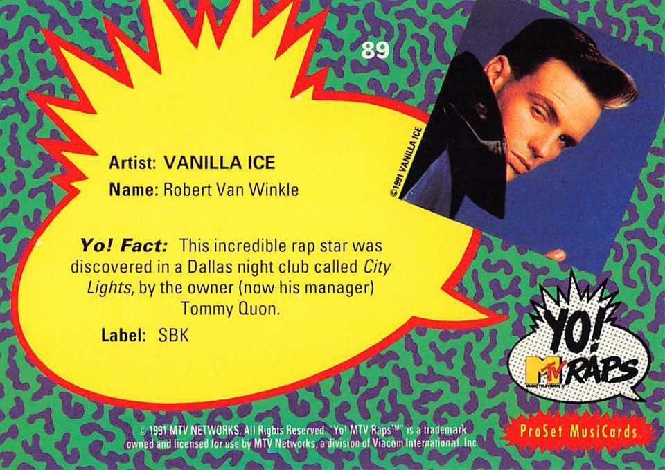 1991 Pro Set Cards Yo! MTV Raps #89 VANILLA ICE | eBay
