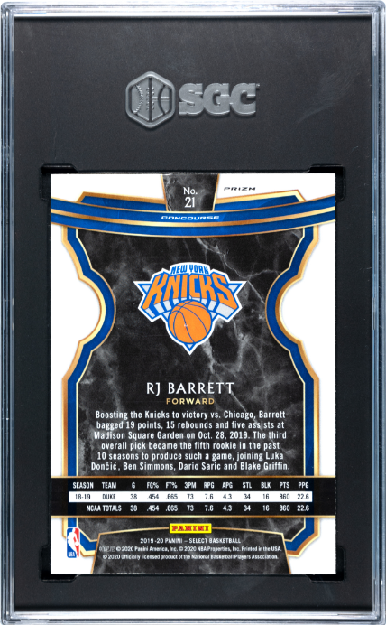 2019/20 Panini Select Silver Premier Rookie #157 RJ Barrett SGC 10 GEM ...