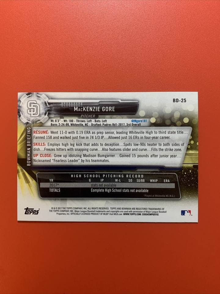 2017 1st Bowman Draft BD-25 MacKenzie Gore San Diego Padres Baseball ...