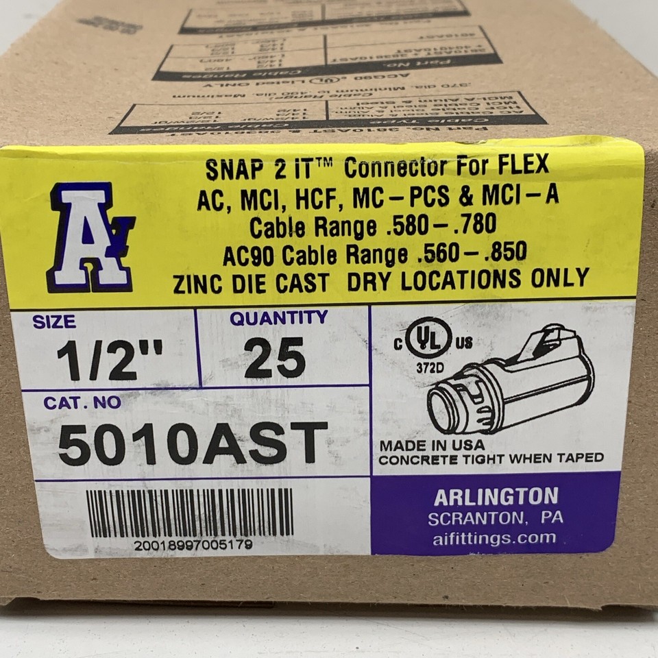(4-Pack) Arlington 5010AST Snap-In 1/2" MC Flex Cable Conduit Connector ...