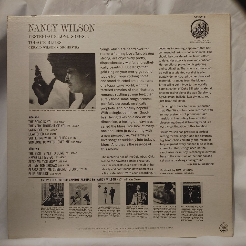 Vintage Nancy Wilson Yesterday's Love Songs • Today's Blues LP Vinyl ...