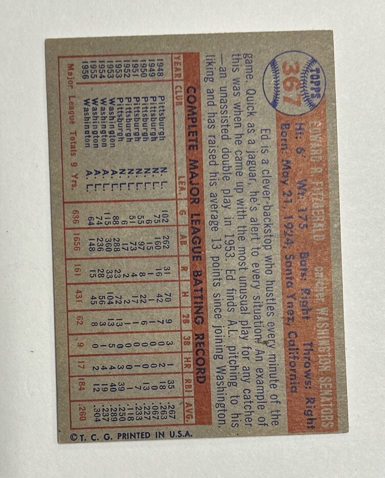 1957 Topps Baseball Ed Fitzgerald Washington Senators Card #367 | eBay